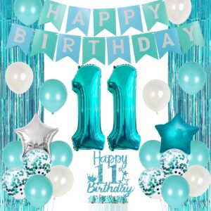 11th birthday decorations for girls teal - happy 11th birthday decorations eleventh birthday cake topper teal fringe curtain turquoise banner number 11 foil balloon, 11 year old girl gift ideas