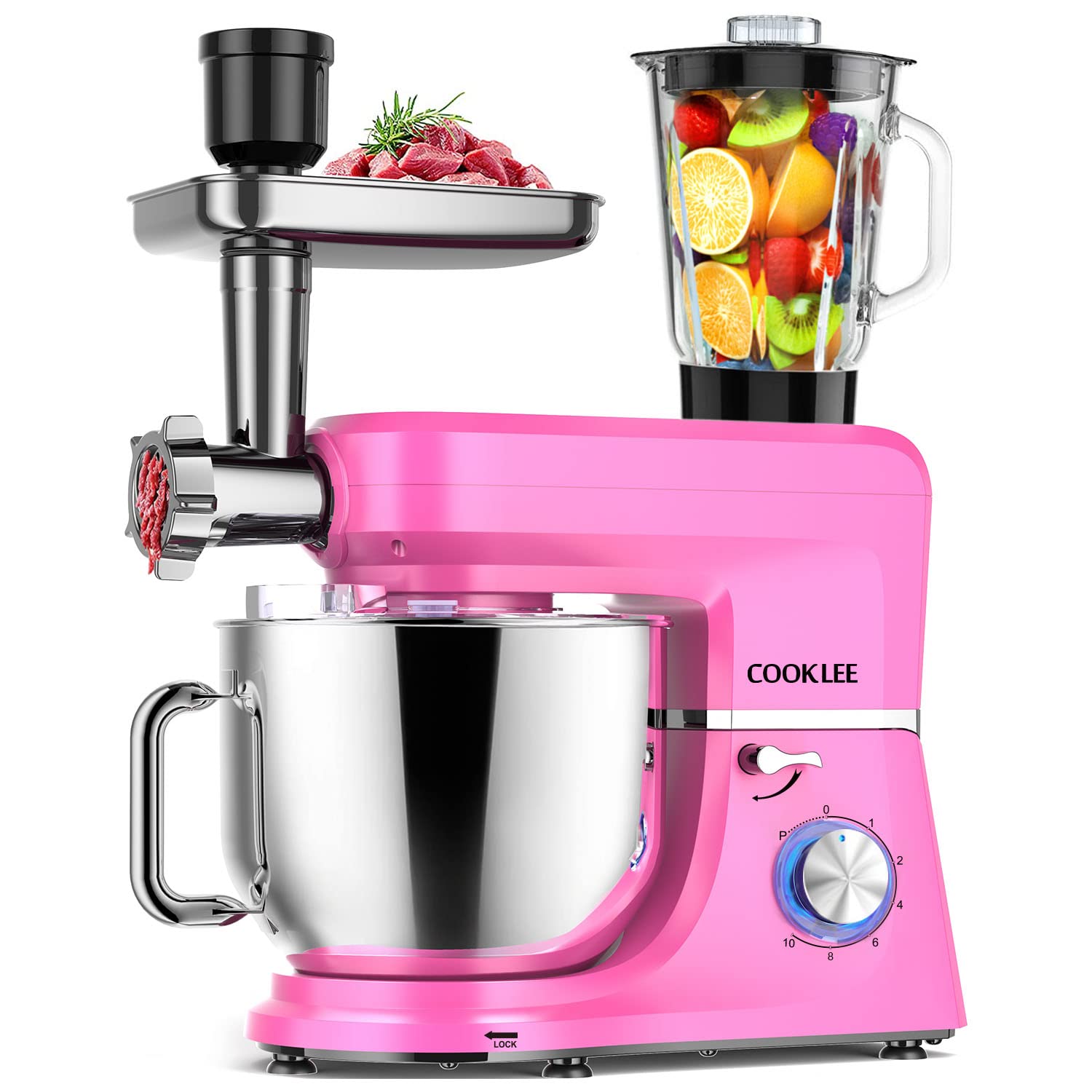 COOKLEE 6-IN-1 Stand Mixer, 8.5 Qt. Multifunctional Electric Kitchen Mixer with 9 Accessories for Most Home Cooks, SM-1507BM, Pink