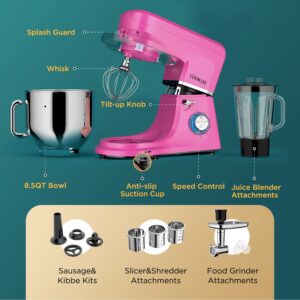 COOKLEE 6-IN-1 Stand Mixer, 8.5 Qt. Multifunctional Electric Kitchen Mixer with 9 Accessories for Most Home Cooks, SM-1507BM, Pink