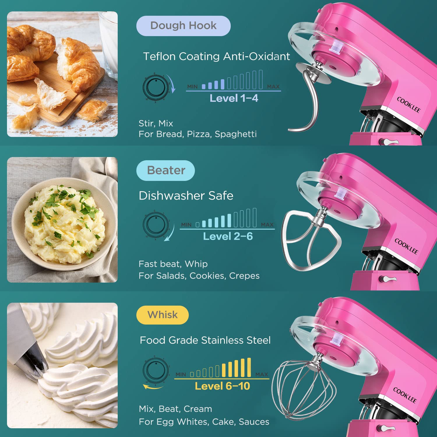 COOKLEE 6-IN-1 Stand Mixer, 8.5 Qt. Multifunctional Electric Kitchen Mixer with 9 Accessories for Most Home Cooks, SM-1507BM, Pink