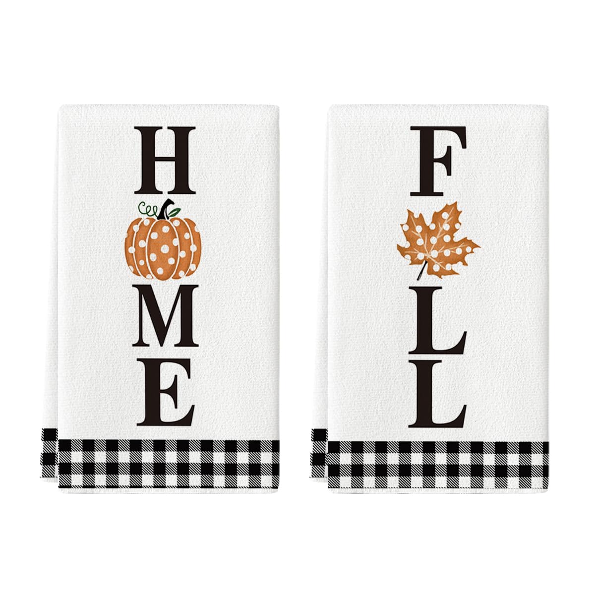 Artoid Mode Buffalo Plaid Pumpkin Home Fall Kitchen Towels Dish Towels, 18x26 Inch Seasonal Maple Leaf Decoration Hand Towels Set of 2