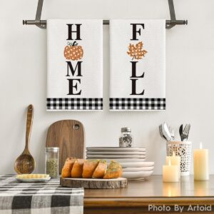 Artoid Mode Buffalo Plaid Pumpkin Home Fall Kitchen Towels Dish Towels, 18x26 Inch Seasonal Maple Leaf Decoration Hand Towels Set of 2