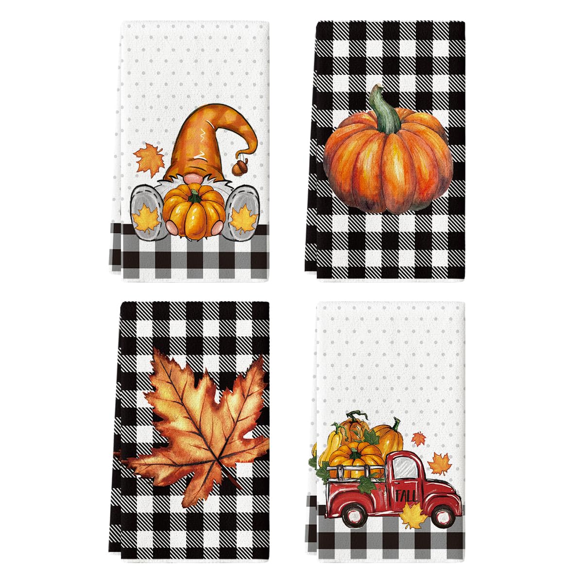 Artoid Mode Buffalo Plaid Pumpkin Truck Sunflower Gnome Fall Kitchen Towels and Dish Towels, 18 x 26 Inch Harvest Thanksgiving Ultra Absorbent Drying Cloth Tea Towels for Cooking Baking Set of 4