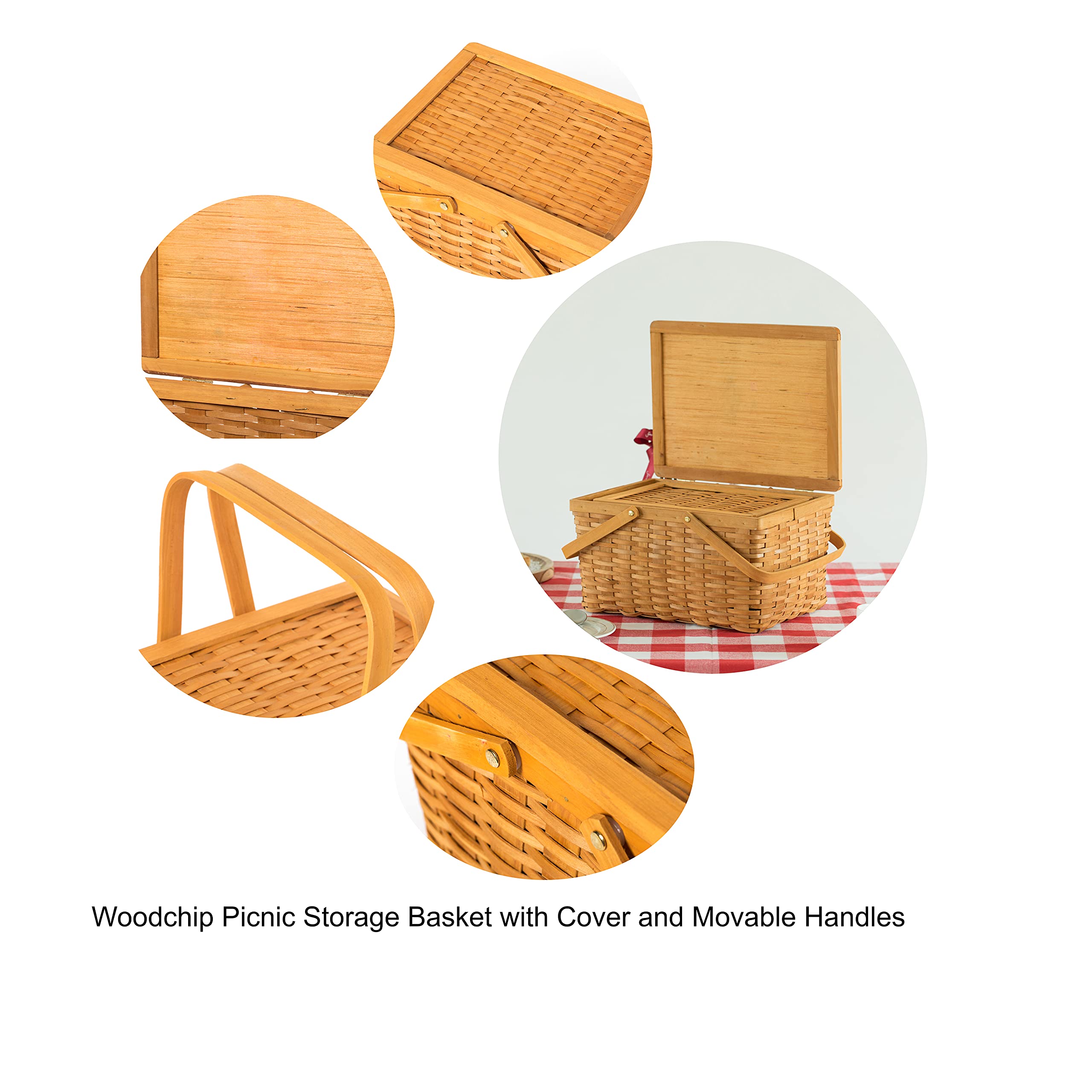 Woodchip Picnic Storage Basket with Cover and Movable Handles, Set of 2