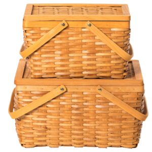 Woodchip Picnic Storage Basket with Cover and Movable Handles, Set of 2