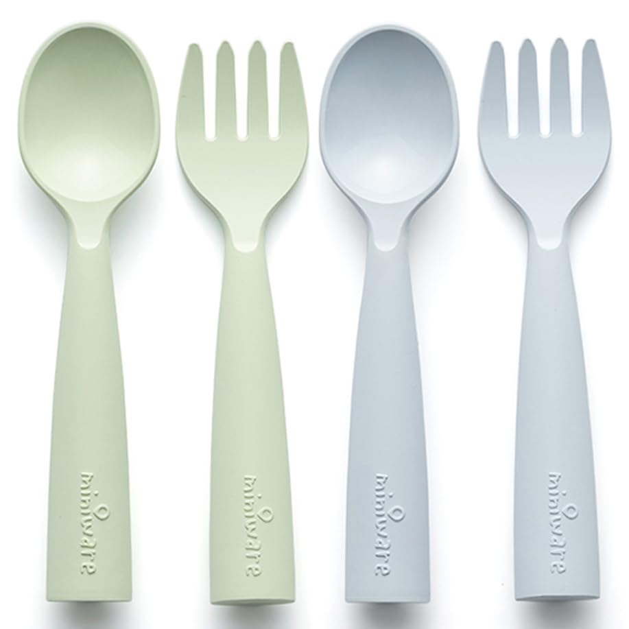 Miniware My First Cutlery | Reusable Kids Training Spoon and Fork for Baby & Toddler – Promotes Self Feeding | Eco-Friendly Utensils | Modern Durable Design | Dishwasher Safe (2 Sets, Aqua + Key Lime)