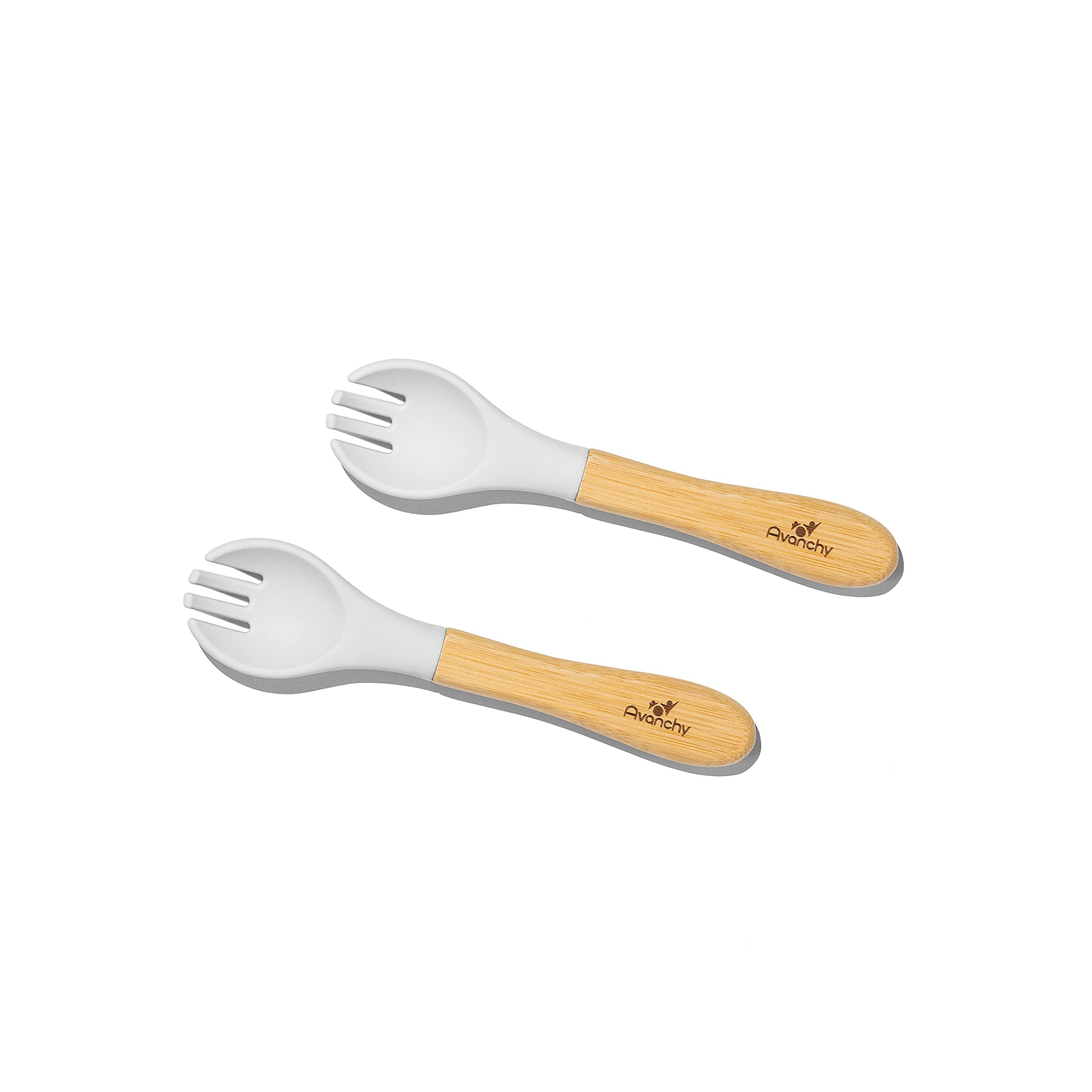 Avanchy Baby Fork Set, Bamboo and Silicone Spork Utensils, Toddler Baby Led Weaning Silverware Cutlery Flatware, Kids First Self Feeding, 2 Pack, White