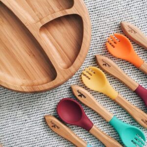 Avanchy Baby Fork Set, Bamboo and Silicone Spork Utensils, Toddler Baby Led Weaning Silverware Cutlery Flatware, Kids First Self Feeding, 2 Pack, White