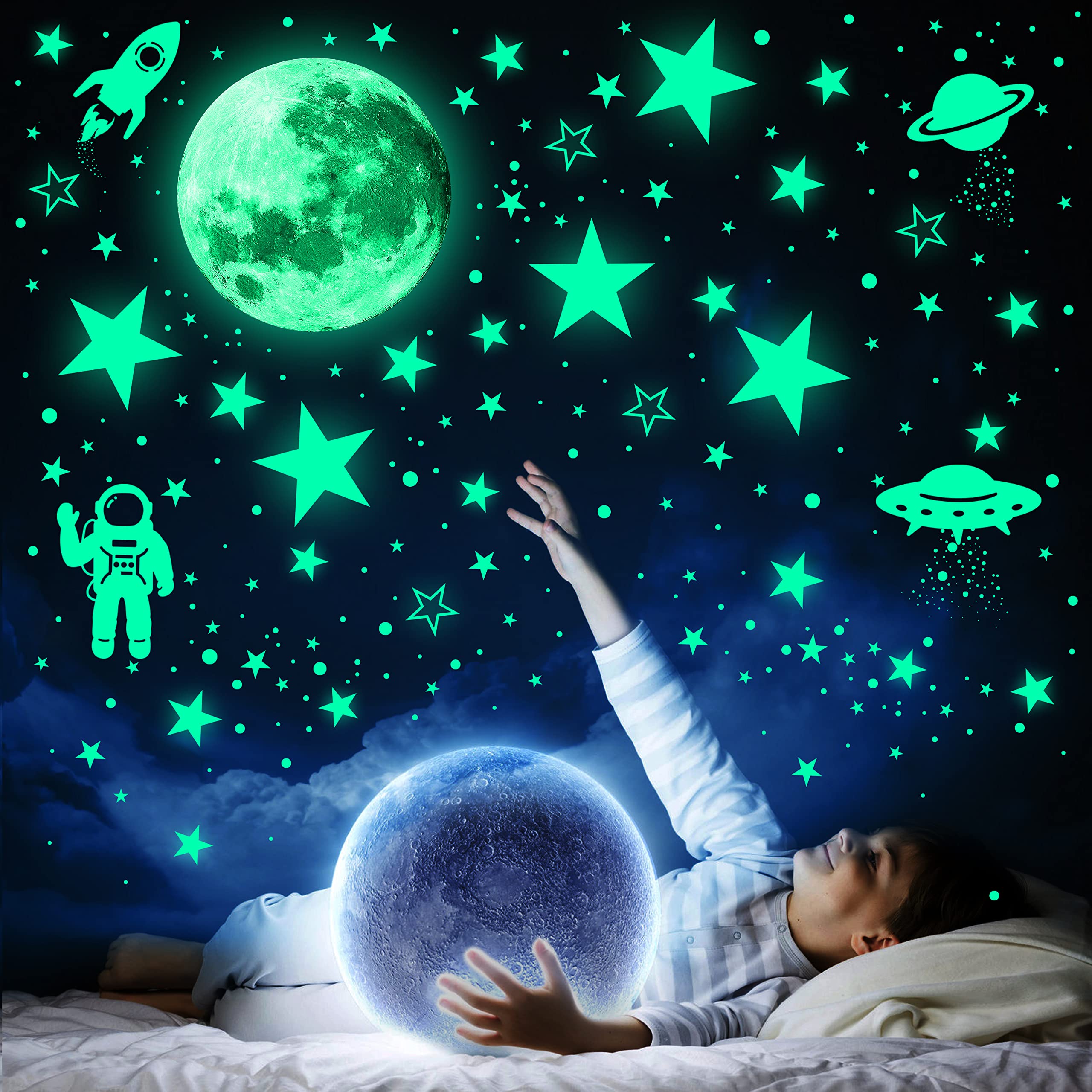 1078 PCS Glow in The Dark Stars for Ceiling, Glowing Stars for Ceiling Planets, Stars Wall Decals, Solar System Galaxy Space Nursery Wall Stickers Rocket Astronaut Kids Boys Room Decorations Bedroom