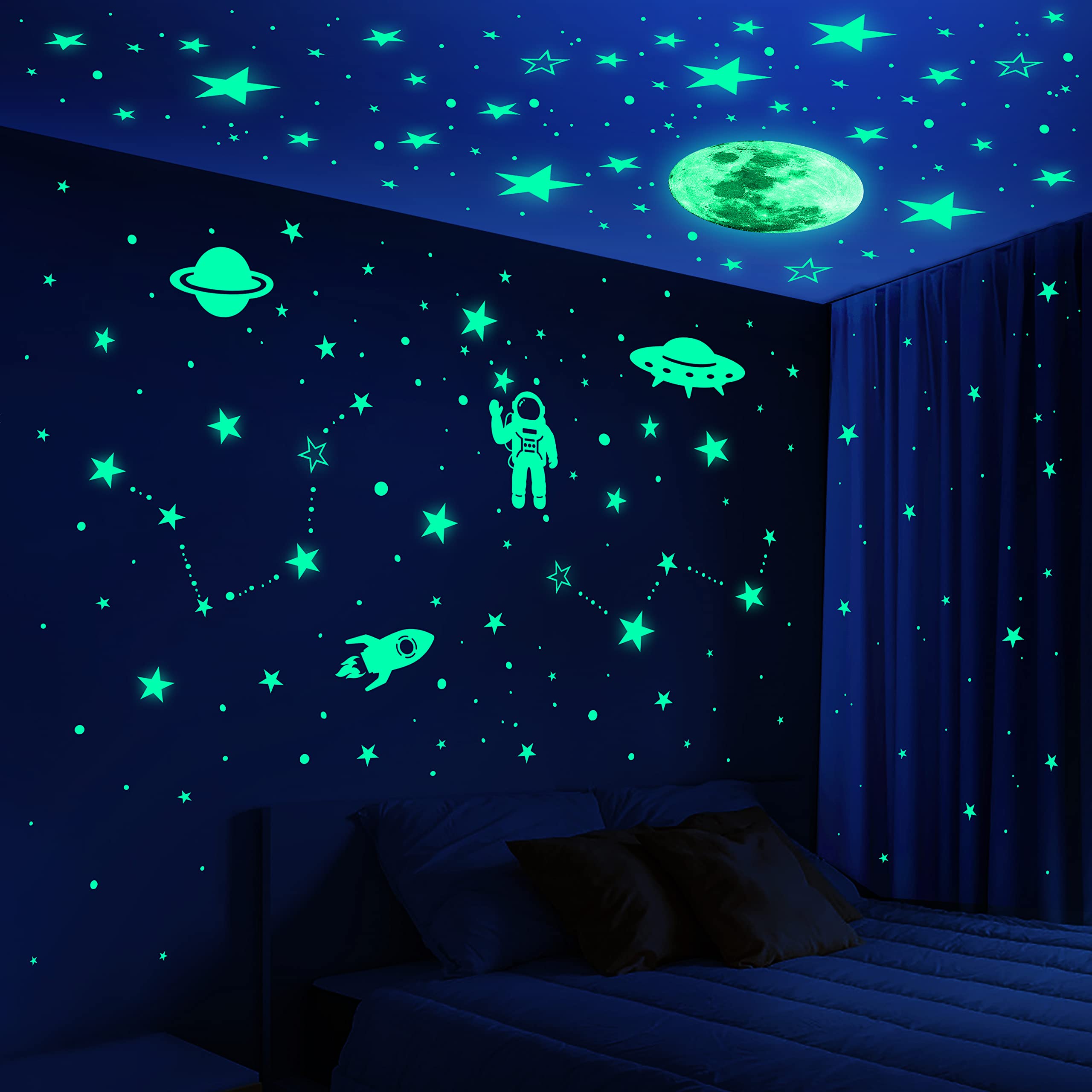 1078 PCS Glow in The Dark Stars for Ceiling, Glowing Stars for Ceiling Planets, Stars Wall Decals, Solar System Galaxy Space Nursery Wall Stickers Rocket Astronaut Kids Boys Room Decorations Bedroom