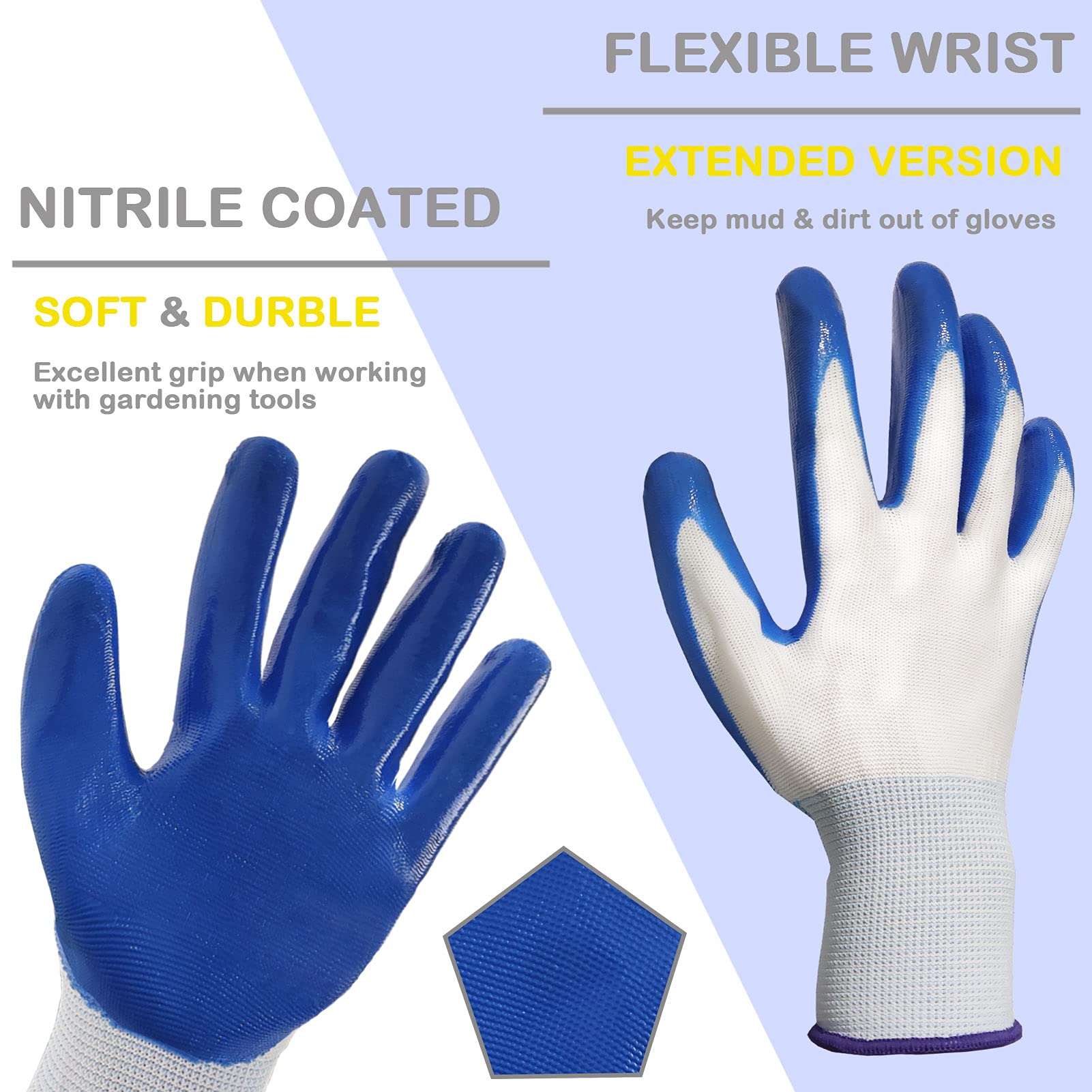 Favuit 3 Pairs Gardening Gloves Breathable Nitrile Coated Garden Working Gloves suit for women youth man Weeding Digging Raking Pruning Restoration Work (M) (Blue)