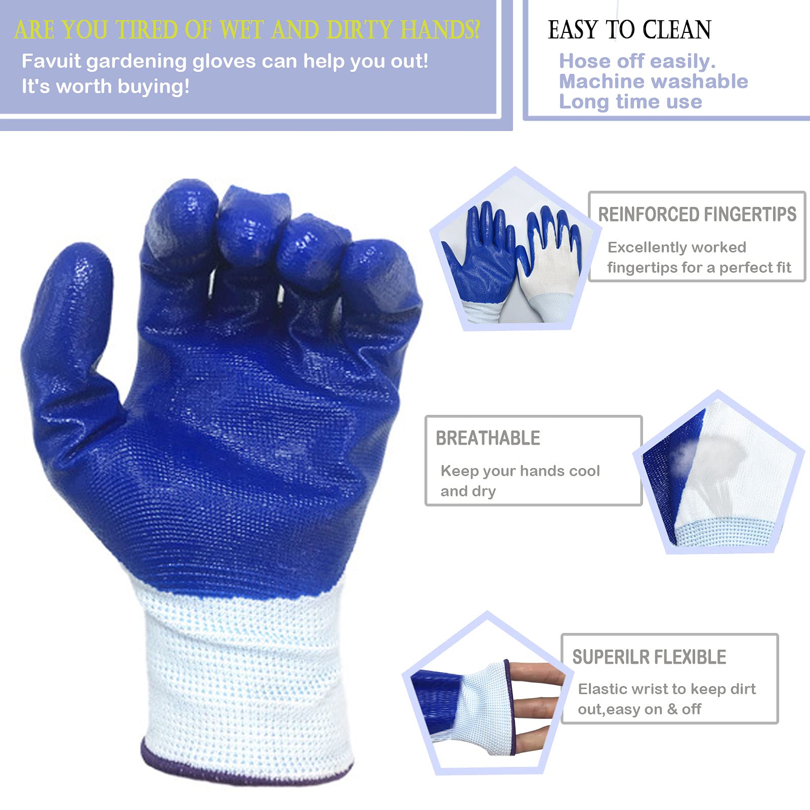 Favuit 3 Pairs Gardening Gloves Breathable Nitrile Coated Garden Working Gloves suit for women youth man Weeding Digging Raking Pruning Restoration Work (M) (Blue)