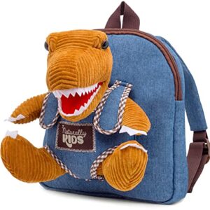 Naturally KIDS Mini Dinosaur Backpack - Dinosaur Toys for Kids Age 2 - Very Small Toddler Backpack for Boys Girls w Stuffed Animals - Little Backpack w Brown Corduroy T Rex