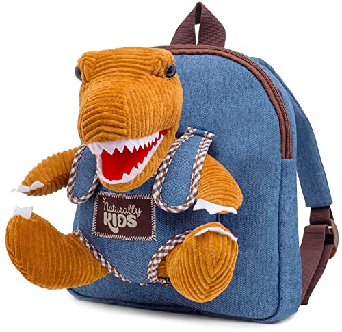 Naturally KIDS Mini Dinosaur Backpack - Dinosaur Toys for Kids Age 2 - Very Small Toddler Backpack for Boys Girls w Stuffed Animals - Little Backpack w Brown Corduroy T Rex