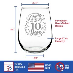 Cheers to 10 Years - Stemless Wine Glass Gifts for Women & Men - 10th Anniversary Party Decor - Large 17 Oz Glass