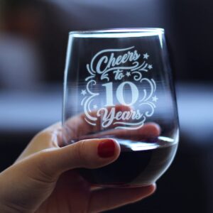 Cheers to 10 Years - Stemless Wine Glass Gifts for Women & Men - 10th Anniversary Party Decor - Large 17 Oz Glass