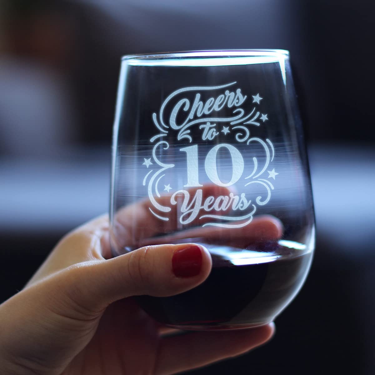 Cheers to 10 Years - Stemless Wine Glass Gifts for Women & Men - 10th Anniversary Party Decor - Large 17 Oz Glass