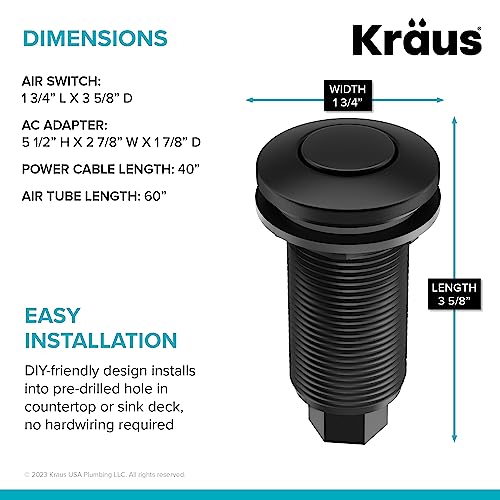 KRAUS Garbage Disposal Air Switch Kit in Matte Black with Push Button, AC Adapter, Power Cord, and Air Tube Included, KWDA-100MB