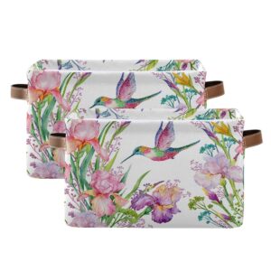 AUUXVA Hummingbirds Irises Flower Storage Bins Basket, Spring Summer Foral Collapsible Storage Cube Rectangle Storage Box with Handles for Shelf Closet Nursery Bedroom Home Office 2 Pack