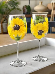 hand painted sunflower wine glasses, 12 ounce stemmed set of 2, perfect gift for mom, wine lovers, mothers day, birthday, easter, and christmas, yellow and green design, artisian brushes with a view