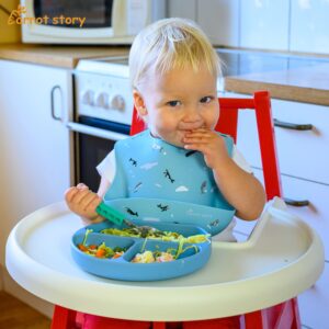 Carrot story 100% Silicone Pocket Baby Toddler Bibs, Waterproof Washable Bibs, BPA Free, Microwave/Dishwasher Safe, Set of 2 (Whales & Rockets)