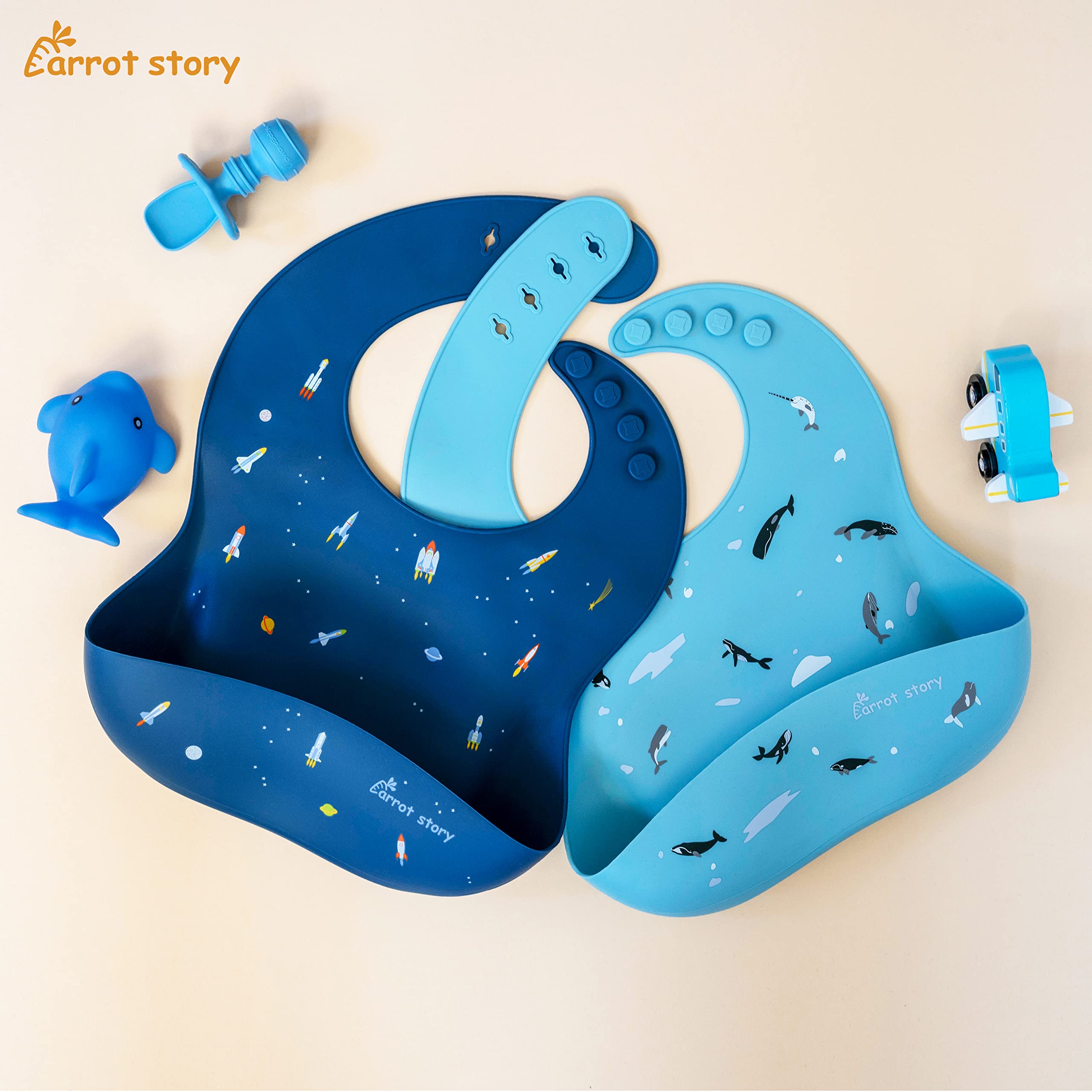 Carrot story 100% Silicone Pocket Baby Toddler Bibs, Waterproof Washable Bibs, BPA Free, Microwave/Dishwasher Safe, Set of 2 (Whales & Rockets)