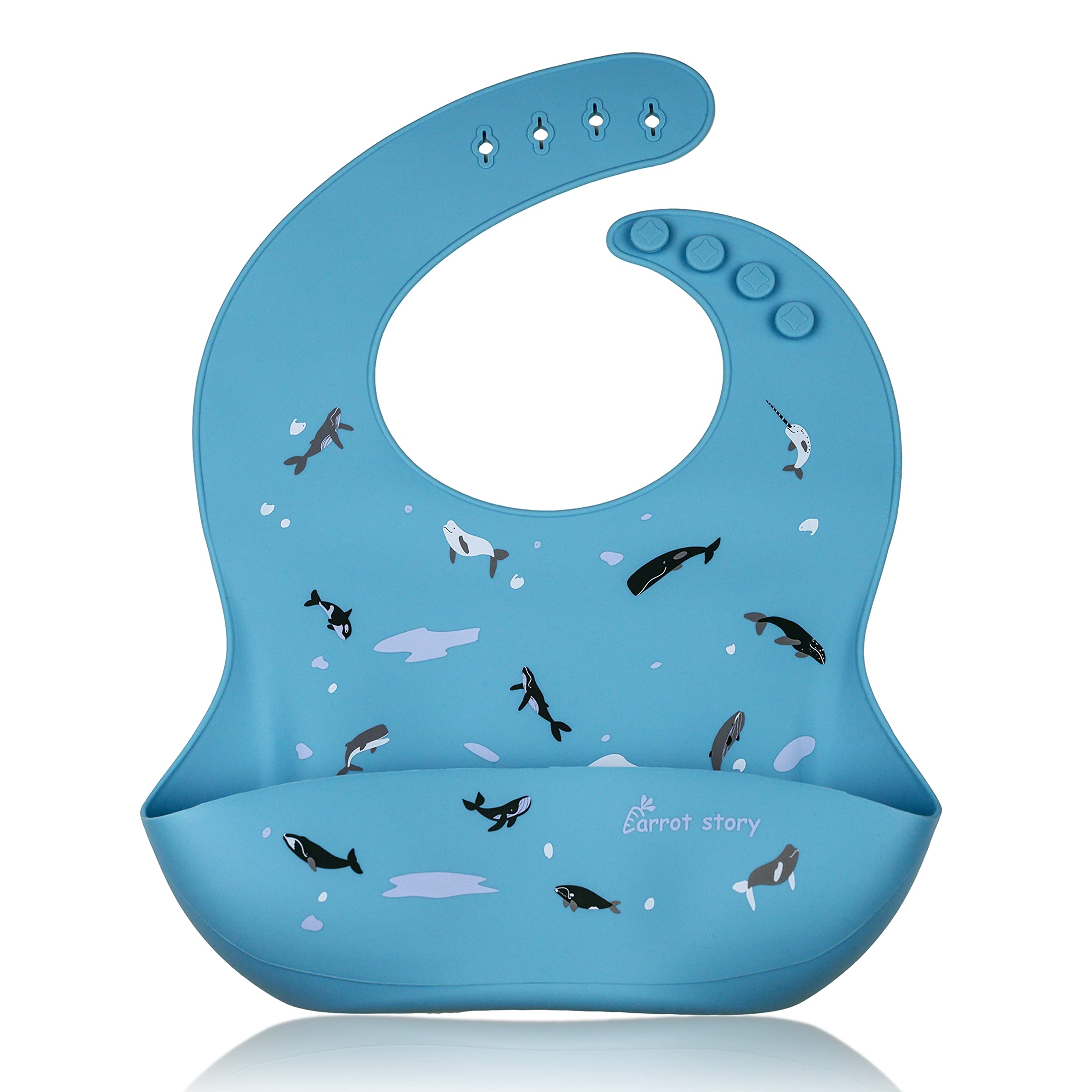 Carrot story 100% Silicone Pocket Baby Toddler Bibs, Waterproof Washable Bibs, BPA Free, Microwave/Dishwasher Safe, Set of 2 (Whales & Rockets)