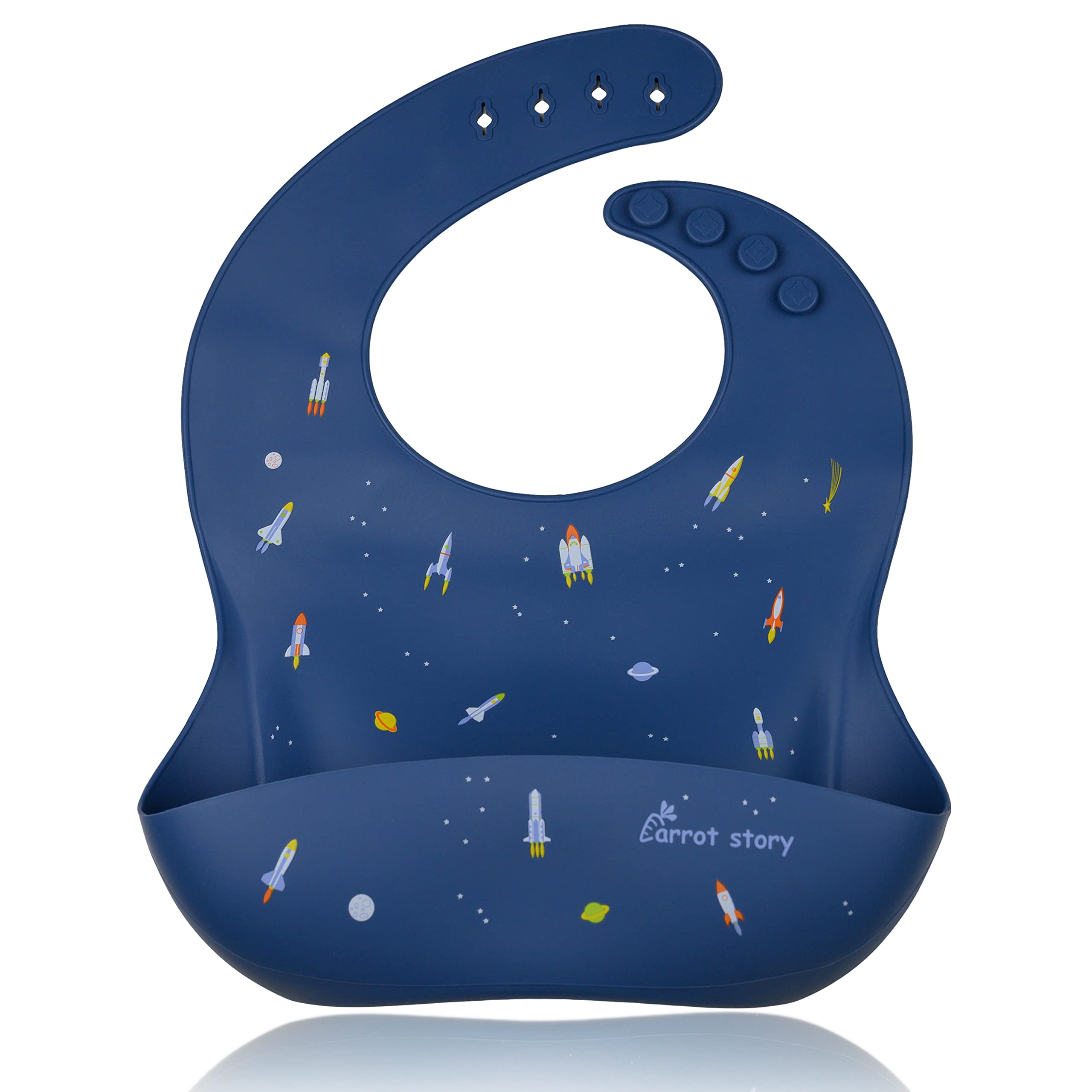 Carrot story 100% Silicone Pocket Baby Toddler Bibs, Waterproof Washable Bibs, BPA Free, Microwave/Dishwasher Safe, Set of 2 (Whales & Rockets)