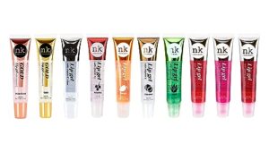 variety set of 10 nicka-k vitamin-e lip gloss (gold, rose gold, clear, rosehip, coconut, aloe, mango, strawberry, bubble gum, cherry )