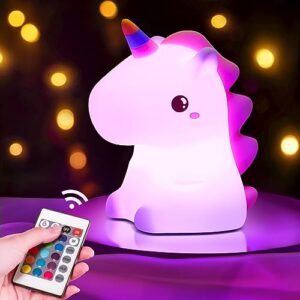 mubarek unicorn night light for kids,【16 colors】 kids night light unicorn gifts, remote & tap unicorns girls night light, dimmable baby night light for girls, bpa-free unicorn gifts for girls