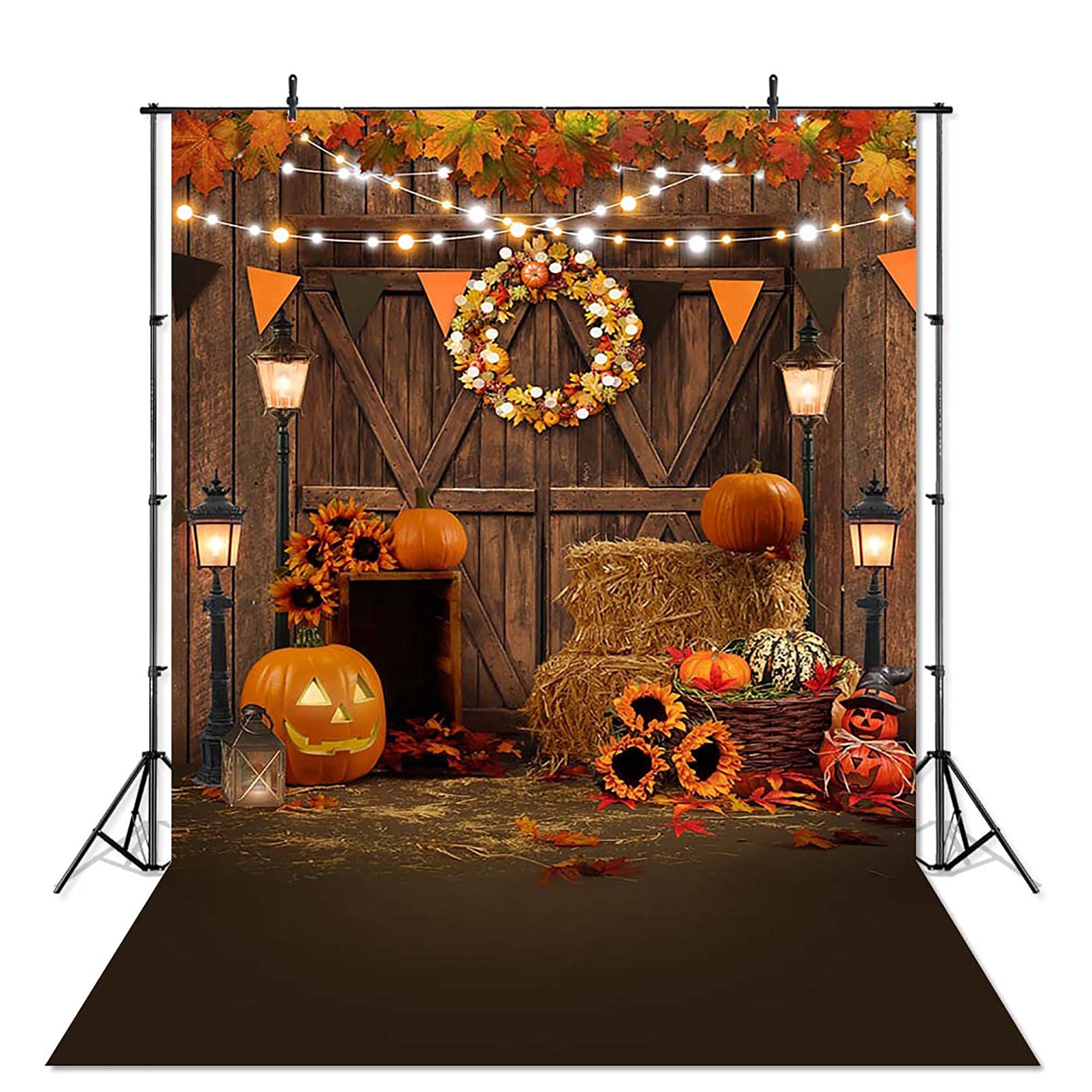 Avezano Fall Thanksgiving Photography Backdrop Autumn Pumpkin Harvest Barn Background Maple Leaves Rustic Wooden Door Garland Backdrops for Portrait Photoshoot Photo Studio (5x7ft)