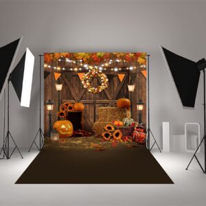 Avezano Fall Thanksgiving Photography Backdrop Autumn Pumpkin Harvest Barn Background Maple Leaves Rustic Wooden Door Garland Backdrops for Portrait Photoshoot Photo Studio (5x7ft)