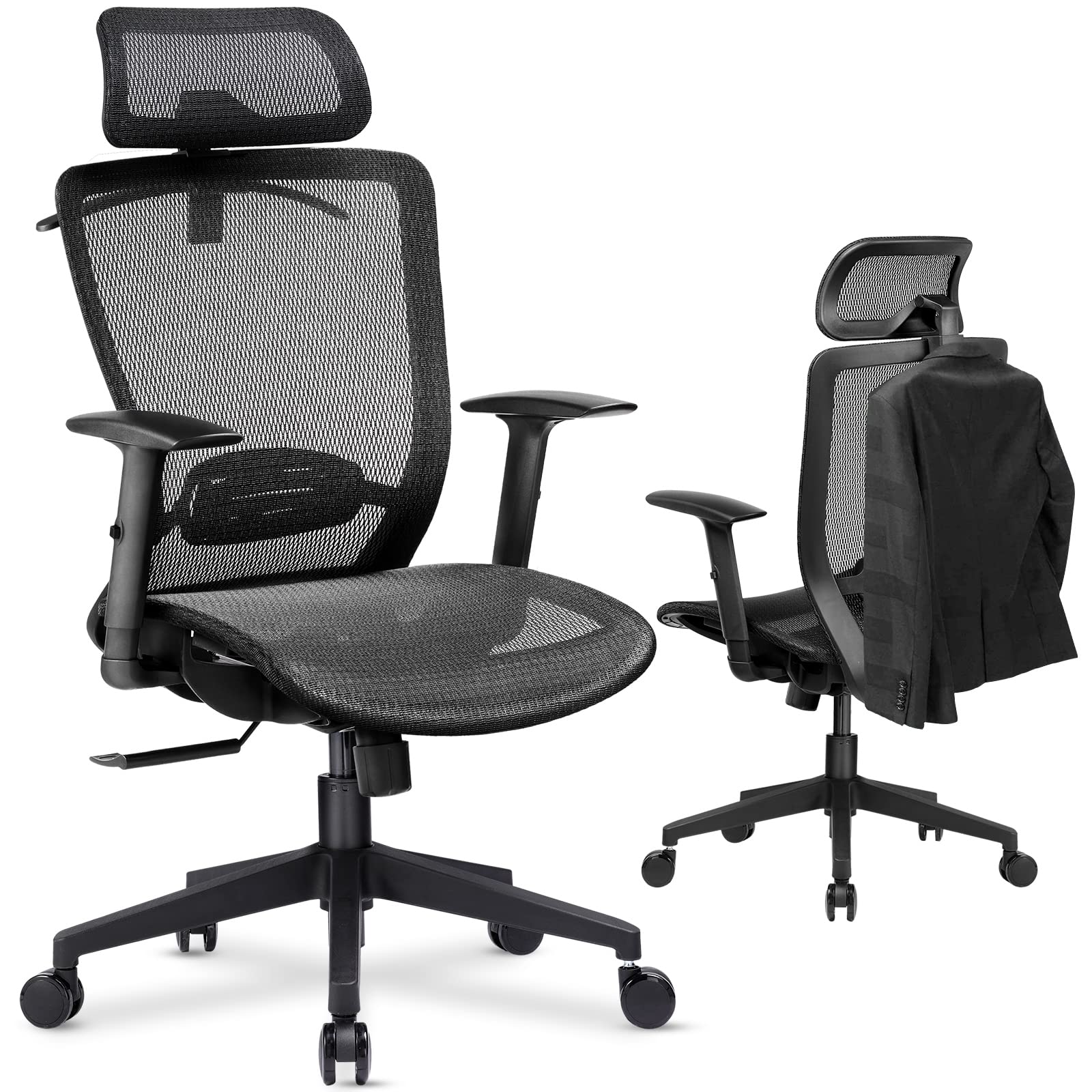 COMHOMA Ergonomic Executive Mesh Office Chair, Mesh Seat Computer Task Chair Swivel Height Adjustable Headrest Armrest Lumbar Support Caster Wheels Black