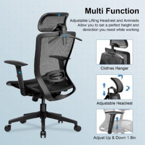 COMHOMA Ergonomic Executive Mesh Office Chair, Mesh Seat Computer Task Chair Swivel Height Adjustable Headrest Armrest Lumbar Support Caster Wheels Black