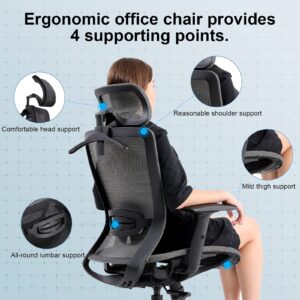 COMHOMA Ergonomic Executive Mesh Office Chair, Mesh Seat Computer Task Chair Swivel Height Adjustable Headrest Armrest Lumbar Support Caster Wheels Black