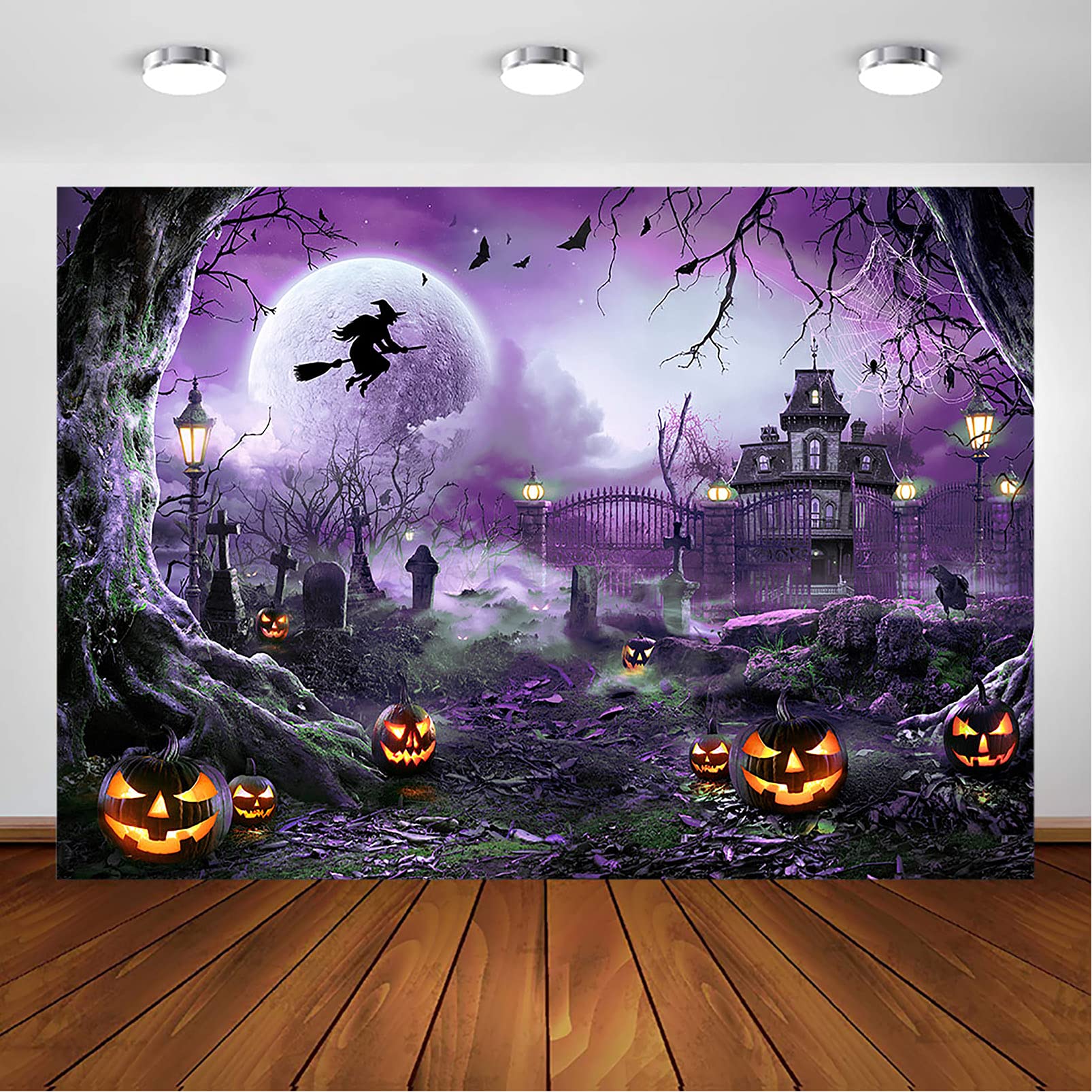 Avezano Halloween Photography Backdrop Full Moon Scary Night Castle Pumpkins Party Background Spooky Witch Bats Cemetery Child Kids Halloween Party Decorations Photoshoot Backdrops (7x5ft, Purple)