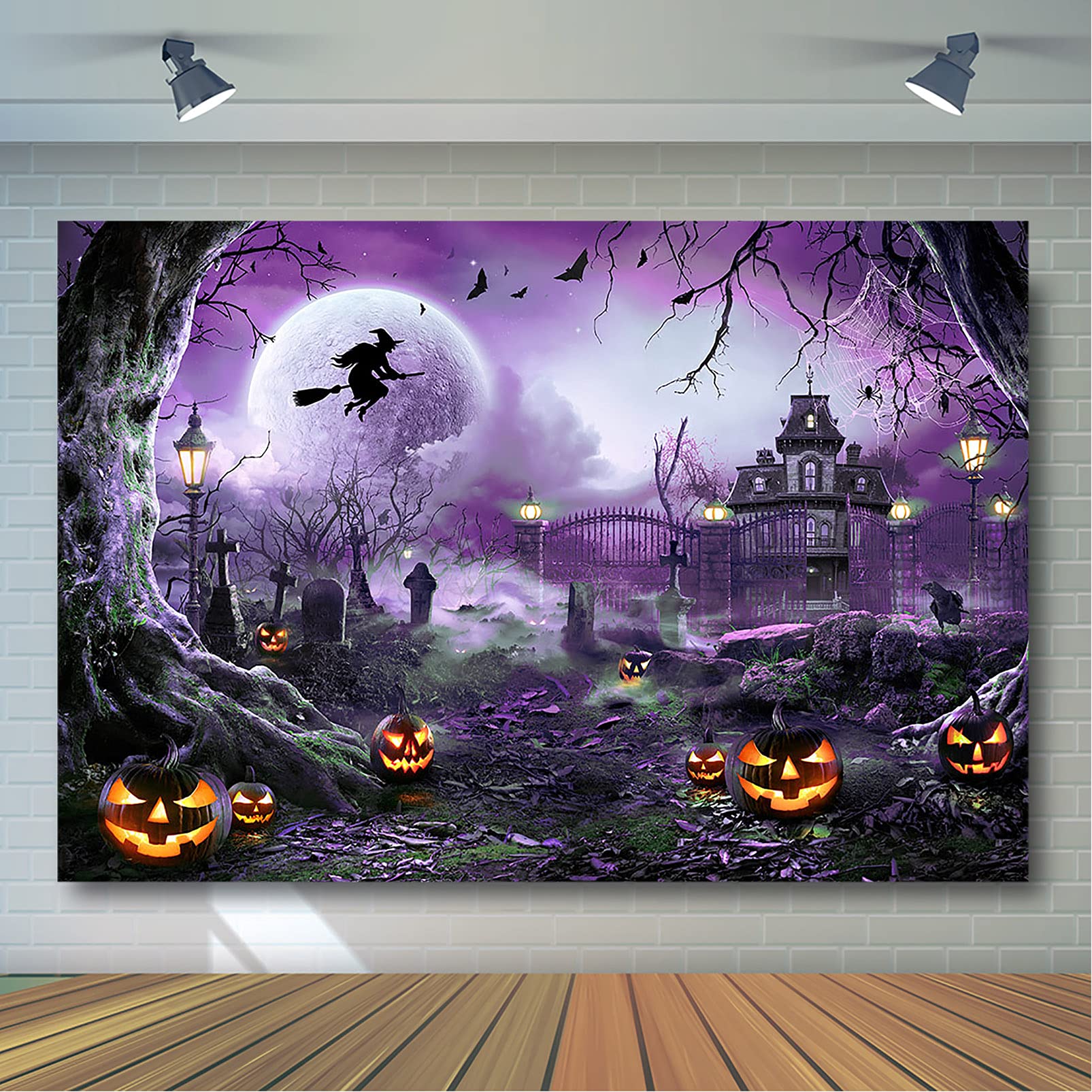 Avezano Halloween Photography Backdrop Full Moon Scary Night Castle Pumpkins Party Background Spooky Witch Bats Cemetery Child Kids Halloween Party Decorations Photoshoot Backdrops (7x5ft, Purple)