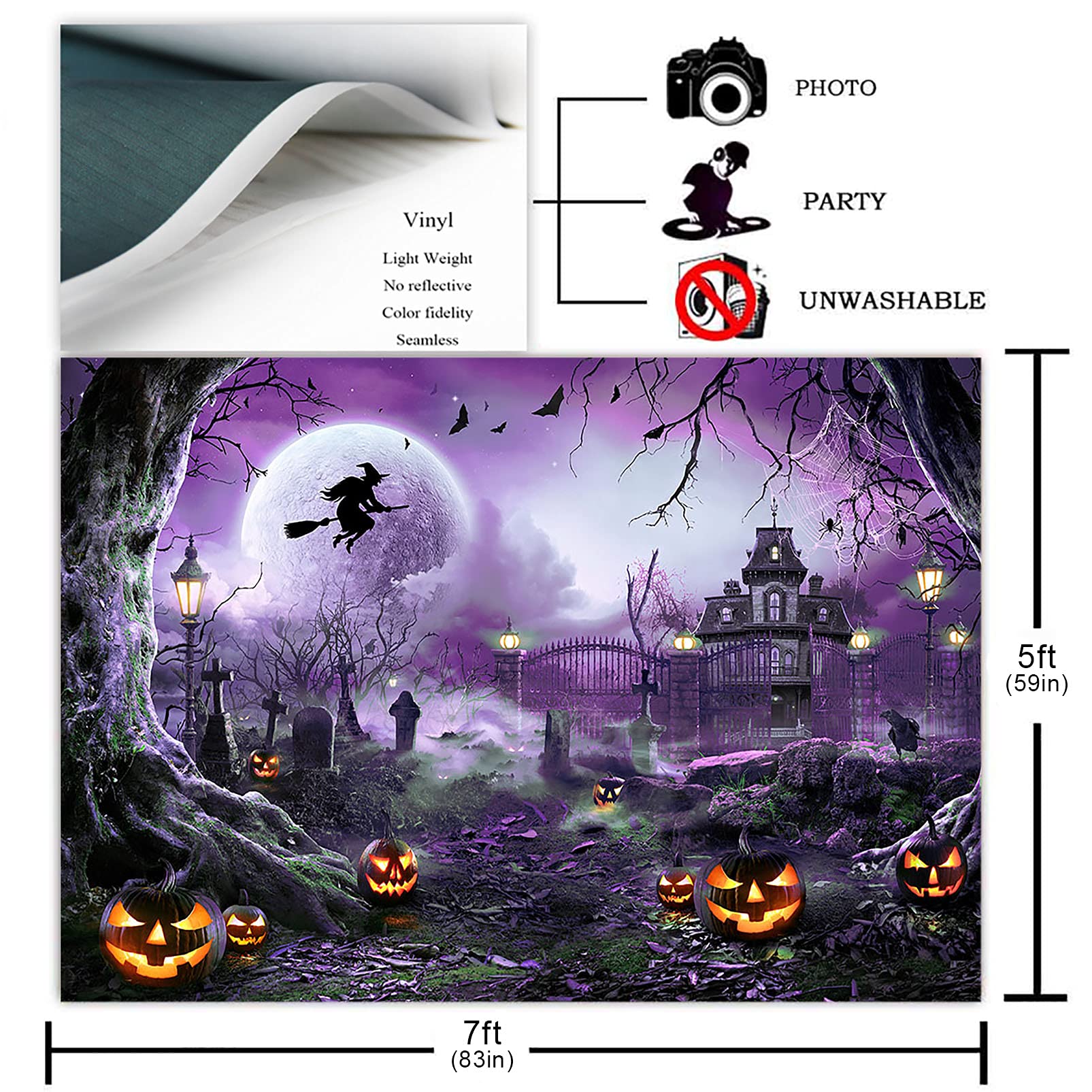 Avezano Halloween Photography Backdrop Full Moon Scary Night Castle Pumpkins Party Background Spooky Witch Bats Cemetery Child Kids Halloween Party Decorations Photoshoot Backdrops (7x5ft, Purple)