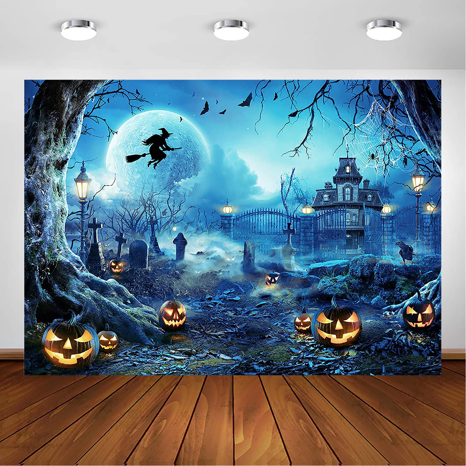 Avezano Halloween Photography Backdrop Full Moon Scary Night Castle Pumpkins Party Background Spooky Witch Bats Cemetery Child Kids Halloween Party Decorations Photoshoot Backdrops (7x5ft, Blue)