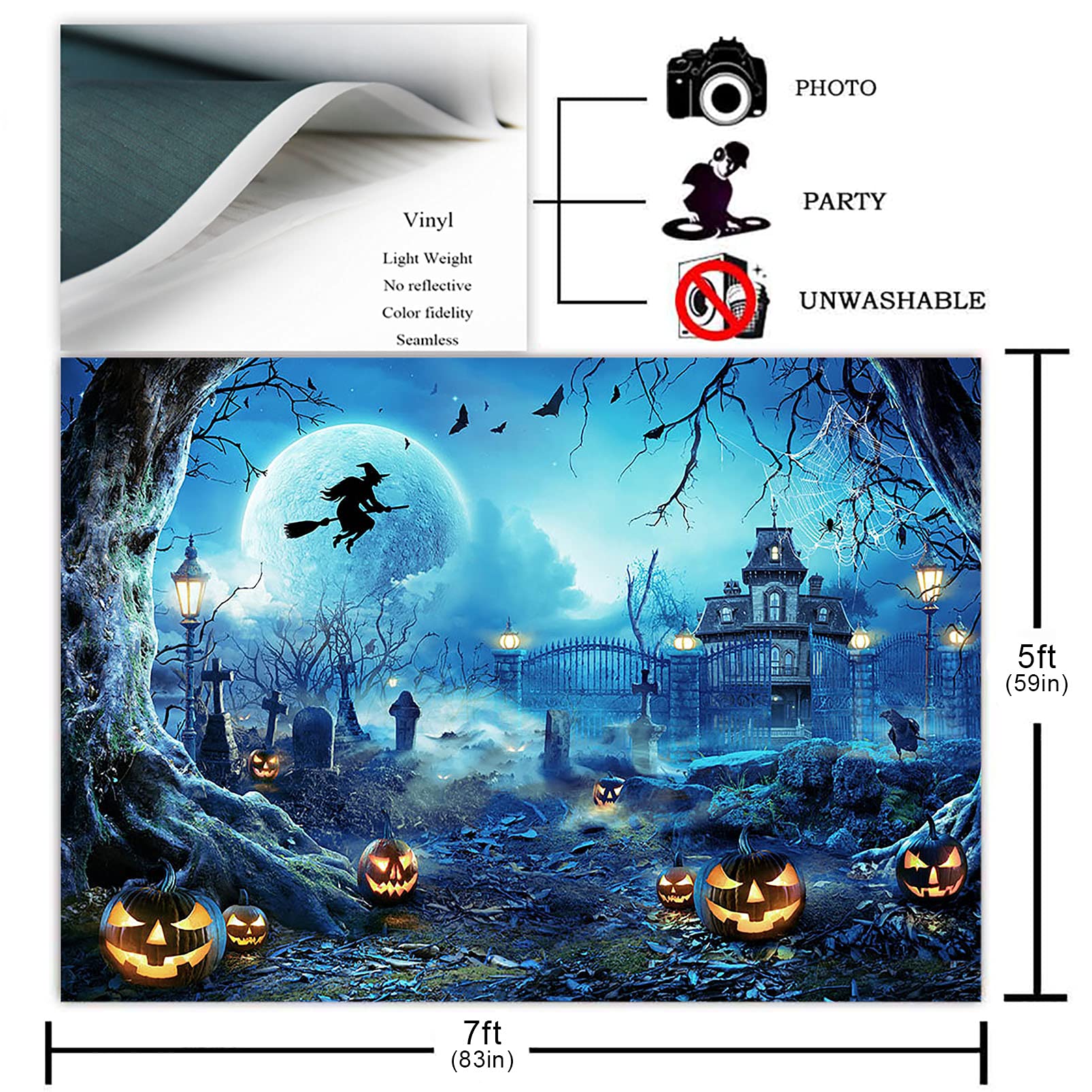 Avezano Halloween Photography Backdrop Full Moon Scary Night Castle Pumpkins Party Background Spooky Witch Bats Cemetery Child Kids Halloween Party Decorations Photoshoot Backdrops (7x5ft, Blue)