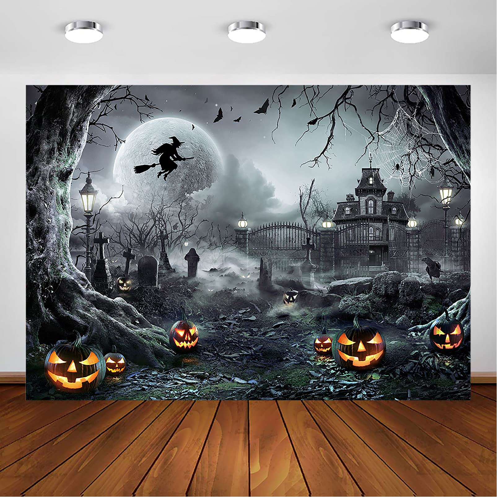 Avezano Halloween Photography Backdrop Full Moon Scary Night Castle Pumpkins Party Background Spooky Witch Bats Cemetery Child Kids Halloween Party Decorations Photoshoot Backdrops (7x5ft, Gray)