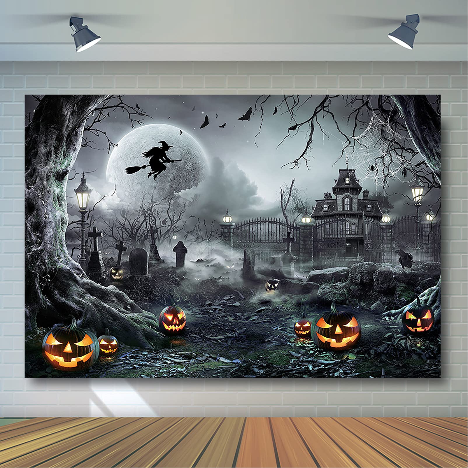 Avezano Halloween Photography Backdrop Full Moon Scary Night Castle Pumpkins Party Background Spooky Witch Bats Cemetery Child Kids Halloween Party Decorations Photoshoot Backdrops (7x5ft, Gray)