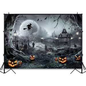 Avezano Halloween Photography Backdrop Full Moon Scary Night Castle Pumpkins Party Background Spooky Witch Bats Cemetery Child Kids Halloween Party Decorations Photoshoot Backdrops (7x5ft, Gray)