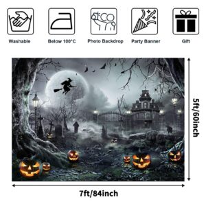 Avezano Halloween Photography Backdrop Full Moon Scary Night Castle Pumpkins Party Background Spooky Witch Bats Cemetery Child Kids Halloween Party Decorations Photoshoot Backdrops (7x5ft, Gray)