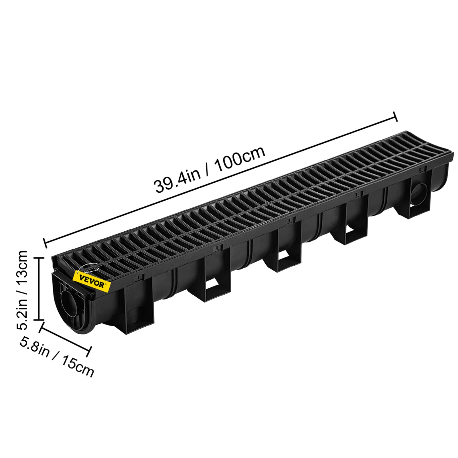 VEVOR Trench Drain System, Channel Drain with Plastic Grate, 5.9x5.1-Inch HDPE Drainage Trench, Black Plastic Garage Floor Drain, 3x39 Trench Drain Grate, with 3 End Caps, for Garden, Driveway-3 Pack