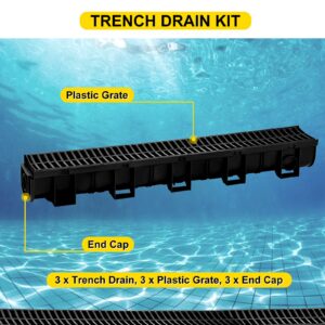 VEVOR Trench Drain System, Channel Drain with Plastic Grate, 5.9x5.1-Inch HDPE Drainage Trench, Black Plastic Garage Floor Drain, 3x39 Trench Drain Grate, with 3 End Caps, for Garden, Driveway-3 Pack