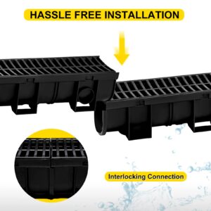 VEVOR Trench Drain System, Channel Drain with Plastic Grate, 5.9x5.1-Inch HDPE Drainage Trench, Black Plastic Garage Floor Drain, 3x39 Trench Drain Grate, with 3 End Caps, for Garden, Driveway-3 Pack