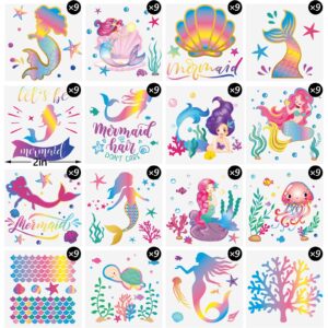 144 Pieces Mermaid Temporary Tattoos Mermaid Party Favors Mermaid Birthday Party Supplies Mermaid Waterproof Temporary Tattoo Stickers Mermaid Tail Birthday Decorations, 16 Styles