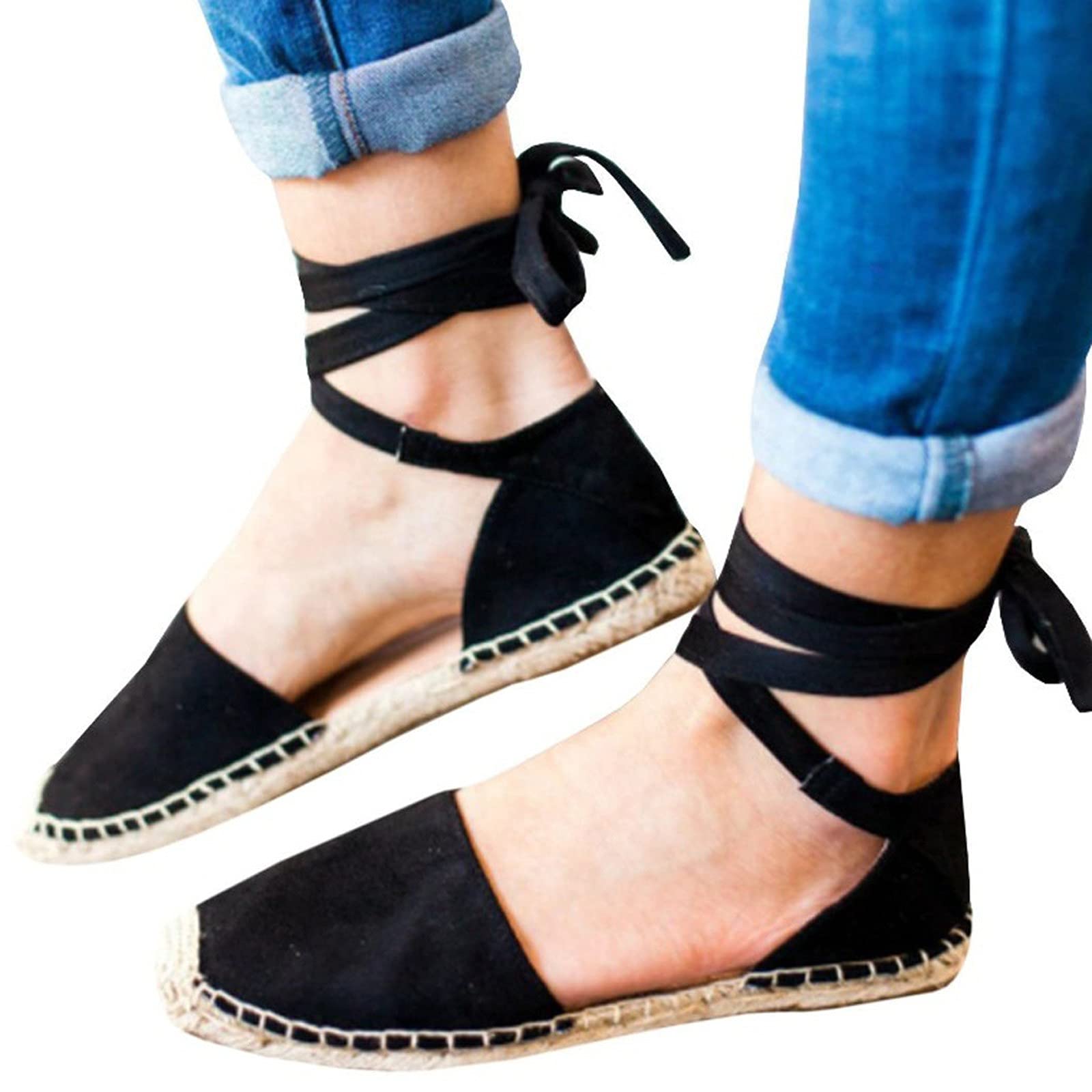 NLOMOCT Sandals for Women Casual Summer Open Toe Lace Up Chunky Flat Sandals Beach Slippers Travel Shoes Women's Sandals Black