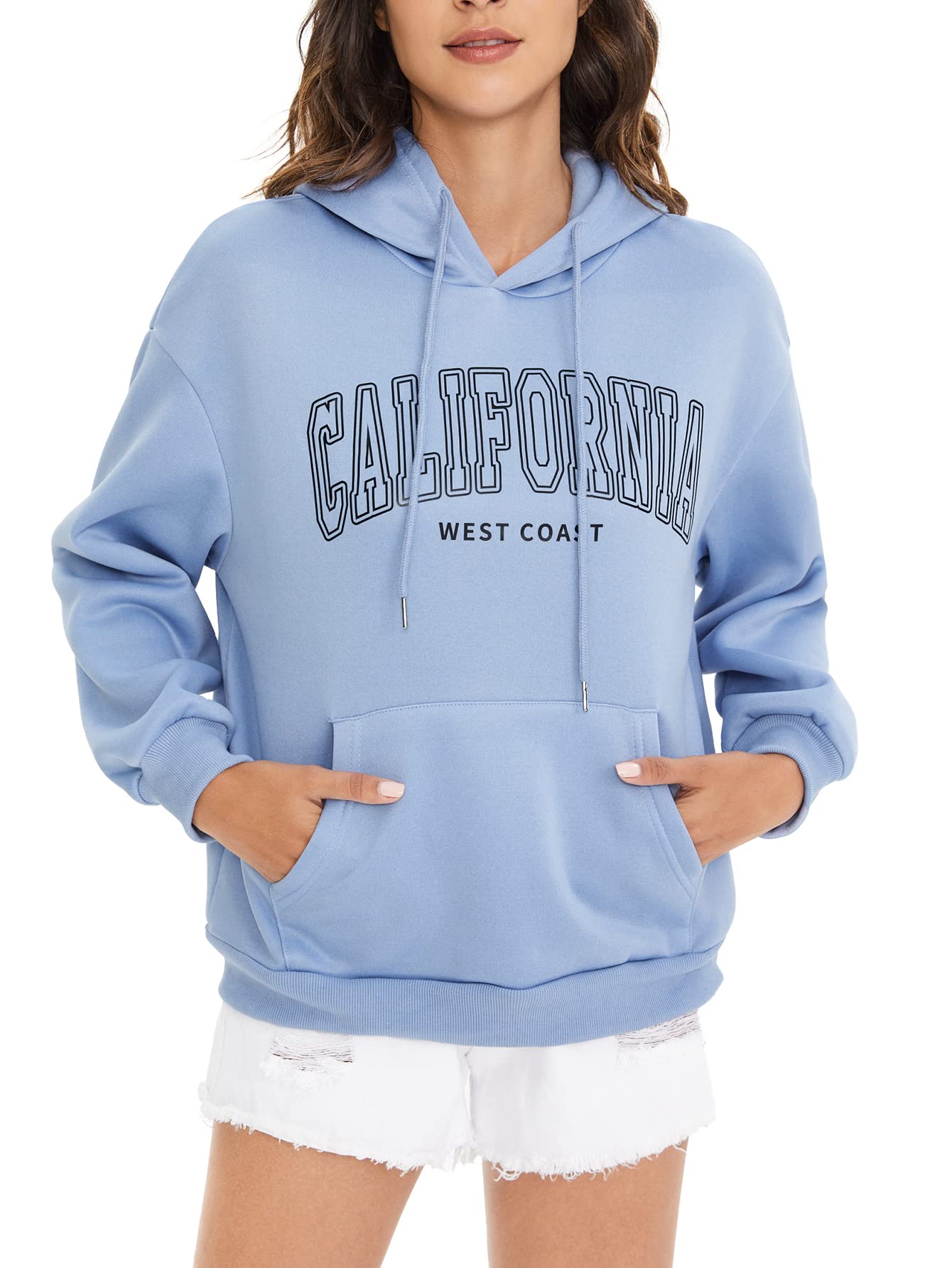 SOLY HUX Women Casual Fashion California Hoodie Los Angeles Pullover Drawstring Graphic Sweatshirt Blue S